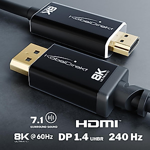 CableDirect – 8K/4K DisplayPort 1.4 to HDMI 2.1 Adapter Cable with Unbreakable Metal connectors – 6ft (transmits 8K/60Hz from a DP Laptop/PC to HDMI Monitor/TV – DP to HDMI, unidirectional)