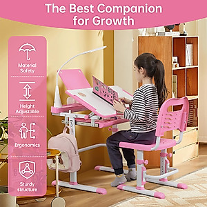 Real Relax Height Adjustable Childrens Desk and Chair Set, Kid's School Workstation with Tilt Desktop, Pink