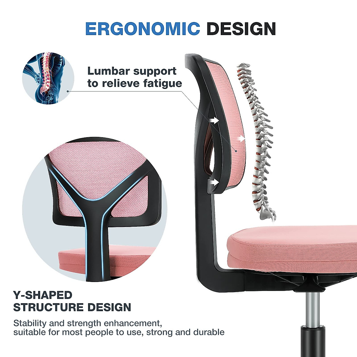 NEWBULIG Small Office Chair Armless with Wheels, Swivel Desk Seat with Back Lumbar Support Height Adjustable for Home Study Vanity, Mesh Surface, Pink