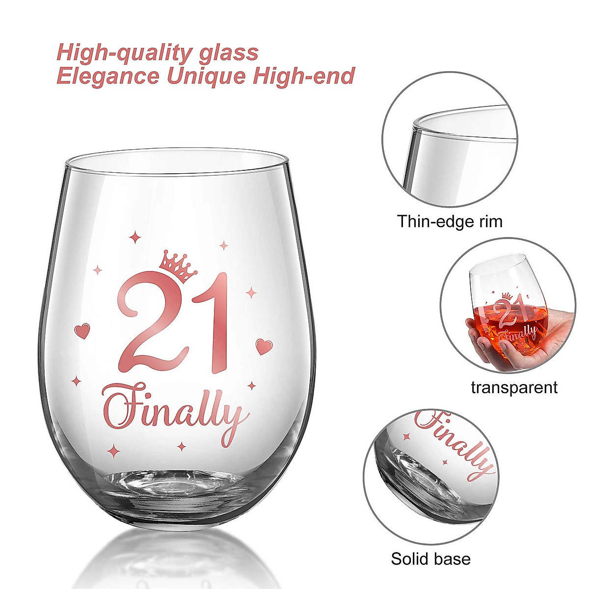 Stemless Wine Glass Rose Gold Birthday Wine Glass Present Anniversary Glasses for Man Women Birthday Party Wedding Anniversary Decorations, 17 oz (21 and Fabulous)