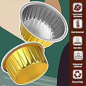Cupcake Liners, 50PC Aluminum Foil Cupcake Tins with Lids 5oz Disposable Ramekins Mini Muffin Creme Brulee Cupcake Containers Dessert Cups for Wedding Party Gold