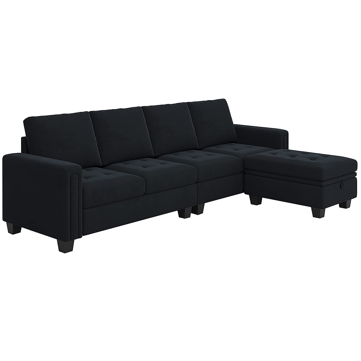 Belffin Velvet Reversible Sectional Sofa with Chaise Convertible L Shaped 4-seat Sectional Couch with Storage Ottoman Black