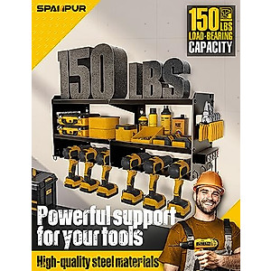 Power Tool Organizer Wall Mount with Charging Station, Garage Tool Shelf 6 Drill Holders, Tool Battery Holder with Screwdriver Heavy Duty Rack, Tool Storage Rack with 4 Outlet Power Strip