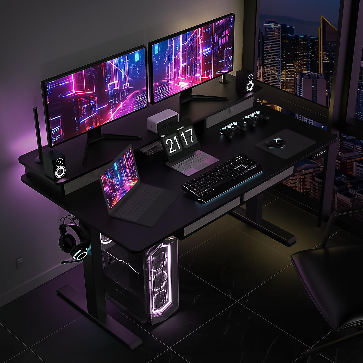 ExaDesk Electric Standing Widened Desk 63 * 30 Inches Adjustable Height with 4 Drawers, Double Storage Shelves Stand Up Desk, Home Office Workstation Sit Stand up Desk (Classical Black)