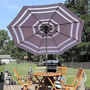 Sunnydaze 9 Foot Outdoor Patio Umbrella with Solar Lights & Tilt/Crank, LED, Navy Blue Stripe