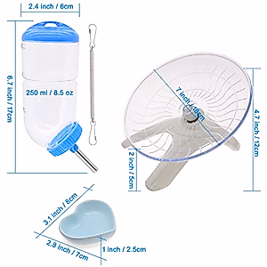 Hamster Flying Saucer, Hamster Wheel Mouse Spinner Wheel with Guinea Pig Water Feeder Bottle, Gerbils Ceramic Food Bowl, Total 3 Pack