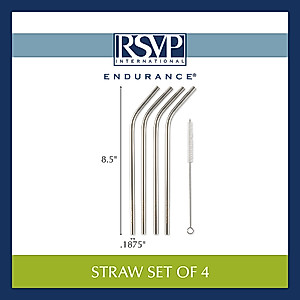 RSVP International Endurance Stainless Steel 8.5" Drink Straws, 4 Count | 5mm Fits Most Tumblers | Reusable & Durable | For Smoothies, Frappes, Sodas, Tea & More | Dishwasher Safe