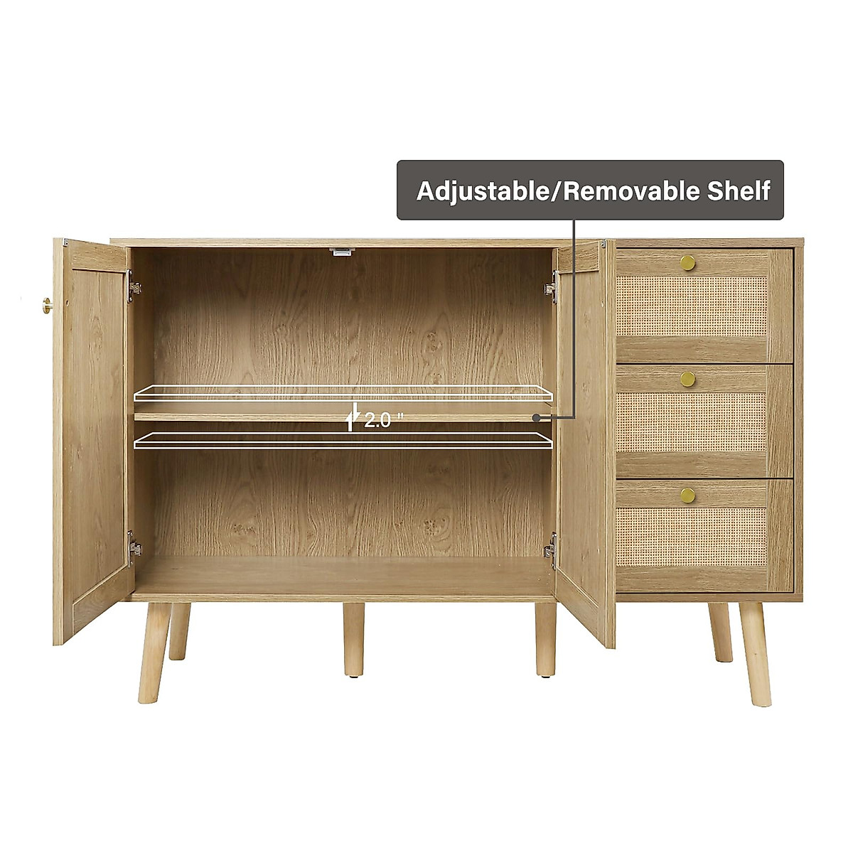 Anmytek Rattan Sideboard Buffet Cabinet with 2 Doors and 3 Drawers, Buffet Cabinet with Storage Wood Credenza Storage Cabinet for Living Room Dining Room Hallway Kitchen, Natural Oak H0088