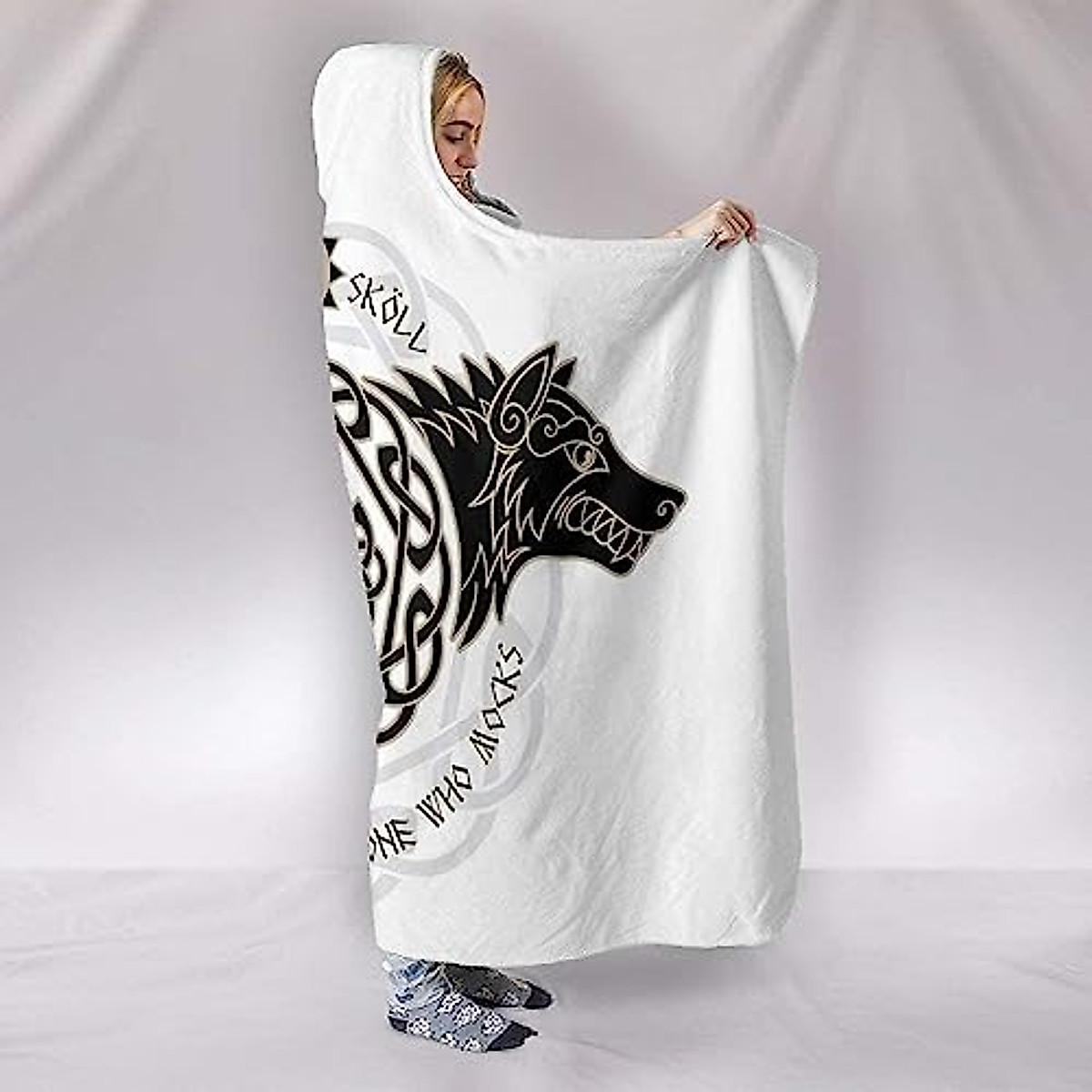 Medieval 3D Printing Hooded Blanket Warm Soft Yin Yang Wolf Rune Celtic Knot Totem Unisex Winter Wearable Hooded Blanket Double Thick Plush Fleece Blanket ( Color : Blanket , Size : 50x60in/130x150cm