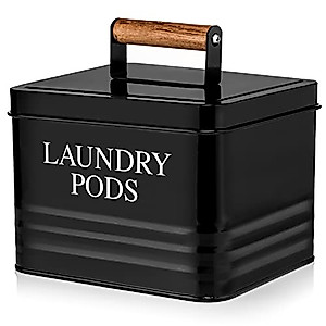 Calindiana Modern Farmhouse Metal Laundry Pods Holder Container with Lid for Laundry Room Decor and Accessories and Space Saving Organization and Storage, Holds 81 Laundry Pods, Black
