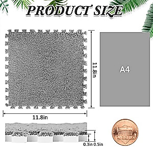 18 Pcs Plush Foam Floor Mat Square Interlocking Carpet Tiles with Border Fluffy Play Mat Floor Tiles Soft Climbing Area Rugs for Home Playroom Decor, 12 x 12 x 0.4 Inch (Black, White, Gray)