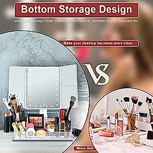 GULAURI Makeup Mirror - Lighted Makeup Mirror with Lights and Magnification, 3x/2x Magnifying, Tri-Fold Cosmetic Vanity Mirror with 24 LED Light and Storage, Touch Screen, 180 Degree Adjustable,White