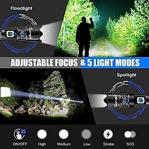 Goreit Flashlights High Lumens Rechargeable, 950000 Lumen XHP70.2 LED Flashlight USB Super Bright Flash Lights, High Powered Handheld Flashlights for Emergencies Camping, Waterproof, Adjustable Focus