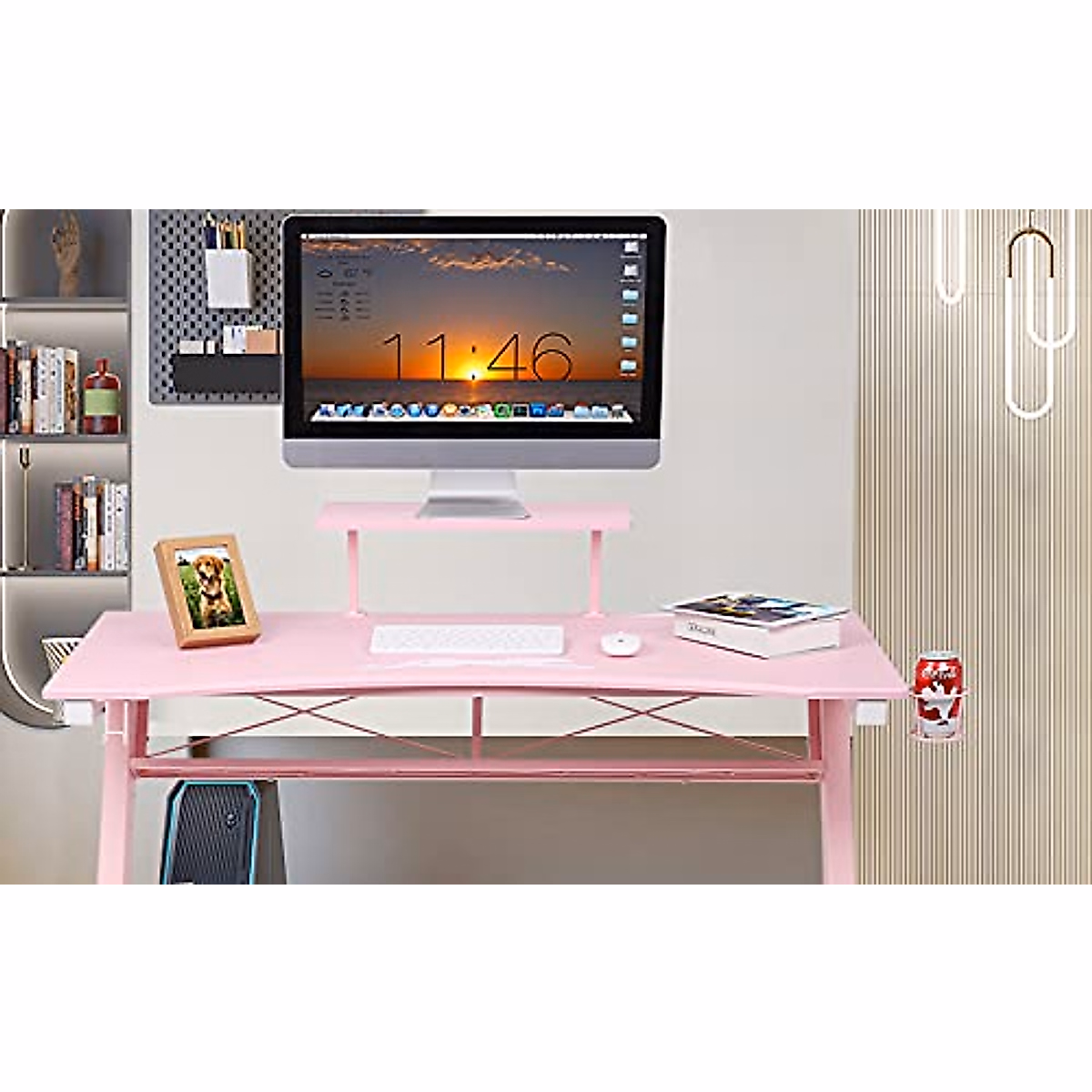 ErgoDesign Gaming Desk with Z Shaped Legs, Professional Game Work Station, PC Gamer Table with Stand Cup Holder & Headphone Hook (White/Pink)