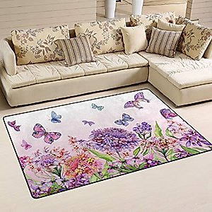 ZZAEO Purple Flowers and Butterfly Area Rug Polyester Soft Carpet Anti-Slip Floor Mat Rugs for Living Room Dorm Bedroom Home Decor - 60 x 39 inch