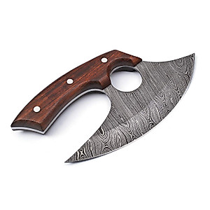 Super Knife Handmade Damascus Steel Ulu Knife - Fixed Blade knife for Chopping Boning Slicing Cutting ,Solid Rose Wood Handle with Leather Sheath, Wood,Steel