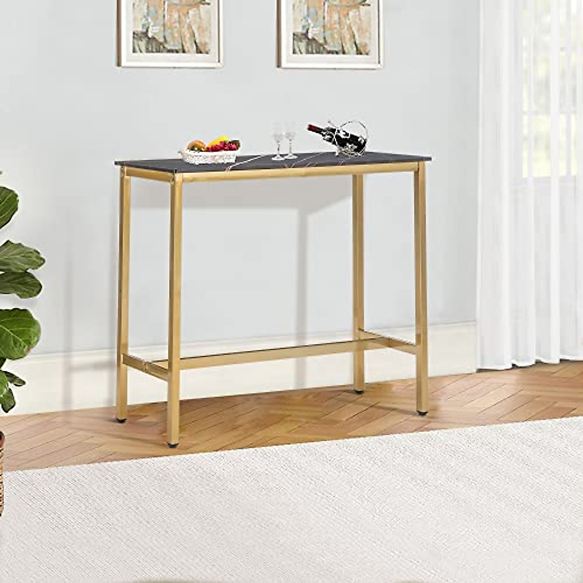 Aklaus 40" Bar Table,Rectangular Industrial Bar Height Table with Sturdy Gold Metal Frame Black Faux Marble Top,Pub Table High Top Dining Table Console Table for Dining Room Living Room Entryway