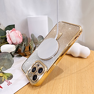 KANGHAR Magnetic Glitter Case for iPhone 13 Pro Max Case 6.7 Inch, Clear Plating Love Heart Pattern Design [Compatible with Magsafe Charging] Camera Protection Soft Cover for Women Girls (Gold)