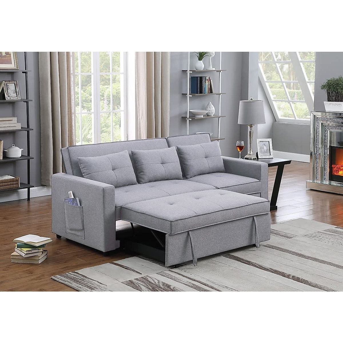 Favfurish 80'' L-Shape Convertible Sleeper Sectional Sofa with Pull-Out Recliner and Bed, Side Pocket, Linen Corner 3 Person Couch for Home Furniture, Living Room, Apartment, Dorm, Light Grey