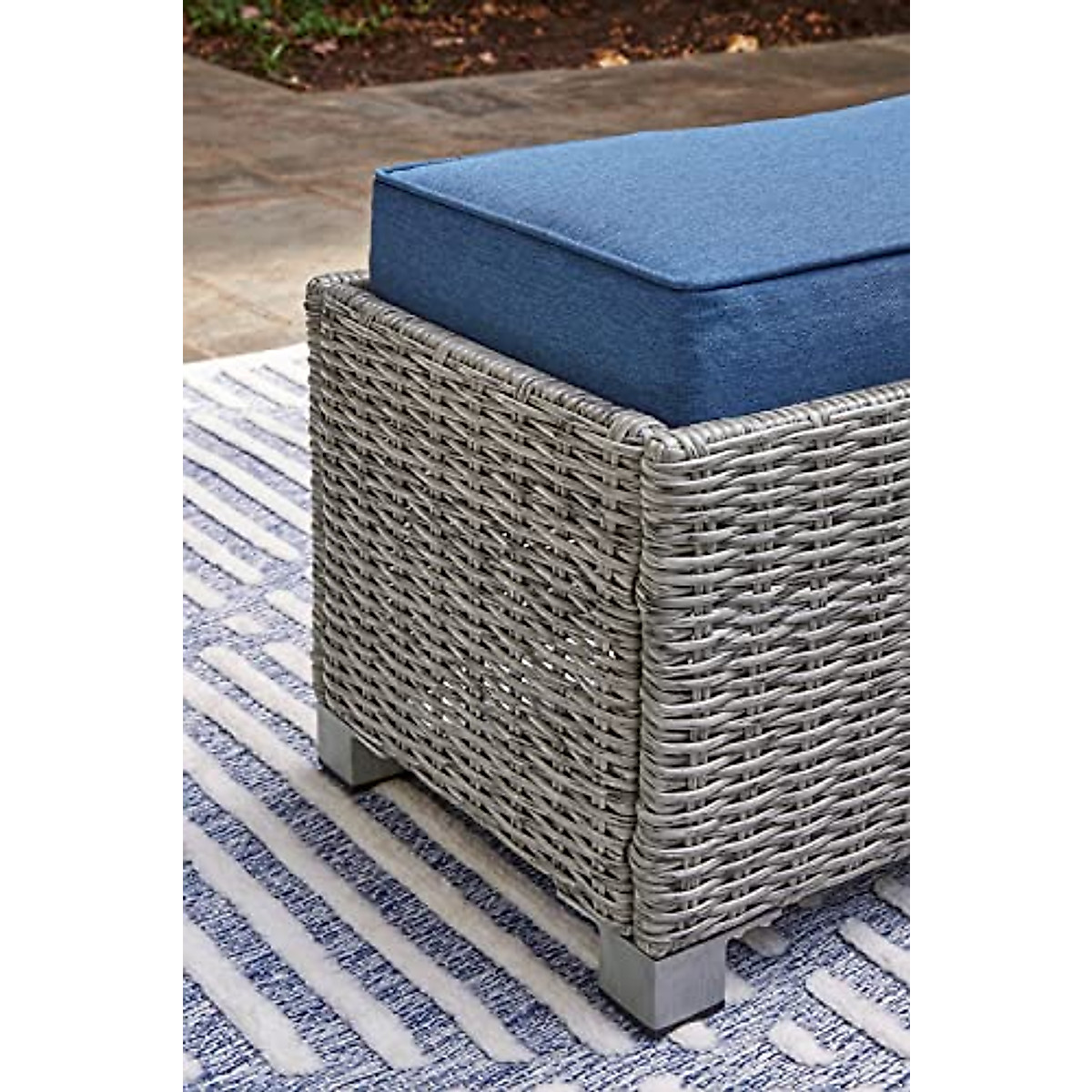 Signature Design by Ashley Naples Beach Casual Outdoor Bench with Cushion, Light Gray & Blue