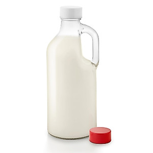 Stock Your Home Glass Milk Bottle with Lid and Handle 40oz (1 Pack), 2 Reusable Caps, Milk Container for Refrigerator, Glass Juice Bottles, Water, Almond Milk Storage Bottle, Glass Milk Jug