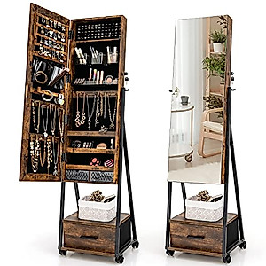 CHARMAID Rolling Jewelry Cabinet with Full Length Mirror, Lockable Standing Jewelry Armoire with Wheels, Steel Legs, Lipstick Brush Storage, Jewelry Organizer Box with Drawers (Rustic Brown)