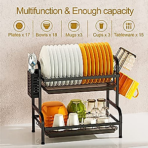 Swedecor Dish Drying Rack for Kitchen - 2 Tier Rust-Resistant Dish Rack Small Dish Drainer with Drainboard Tray, Cup Holder and Utensil Holder for Kitchen Countertop Saving Space, Black