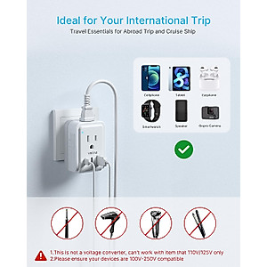 1 Pack European Travel Plug Adapter, VINTAR Foldable International Power Plug with 2 AC Outlets 3 USB Ports(2 USB C), Type C Travel Essentials Charger for US to Most of Europe EU Italy Spain France