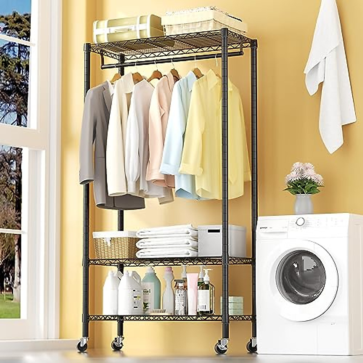 Golpart Rolling Clothes Rack Portable Garment Racks for Hanging Clothes, Freestanding Clothing Racks Closet with Adjustable Shelve & Wheel, Heavy Duty Metal Wardrobe Bedroom Laundry-room, Black