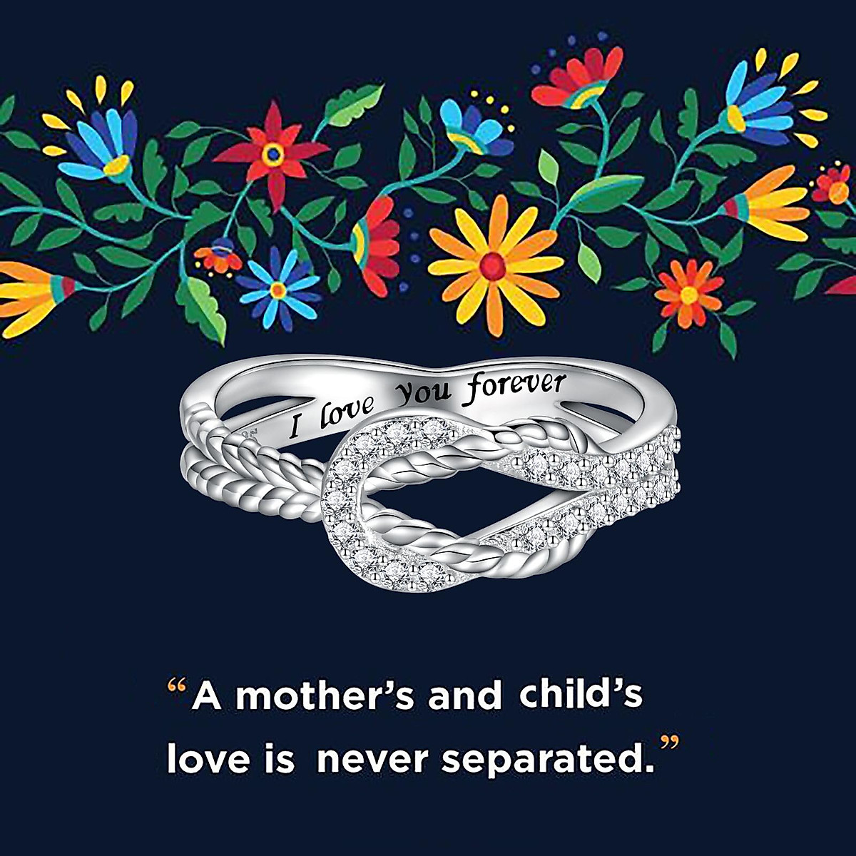Mother Daughter Knot Ring for Women - Sterling Silver Square Knot Ring Engraved "I Love You Forever" Mothers'Day Birthday Christmas Jewelry Gift for Mother Daughter