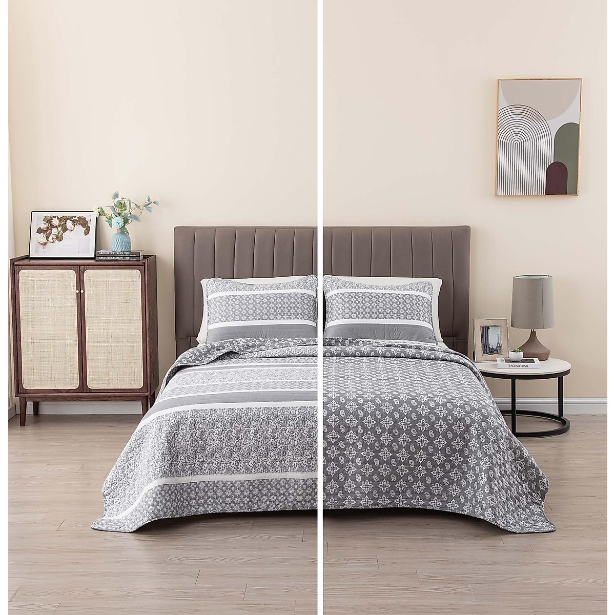 Great Bay Home 3-Piece Reversible Grey Full/Queen Quilt Comforter with 2 Shams | Lightweight, All-Season, Cozy, Modern Bedspreads | Paisley Coverlet Sets | Kadi Collection