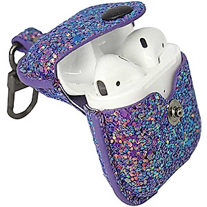 ONGHSD Bling Shiny PU Leather Carrying Case for AirPods 1 & 2 Charging Case Cover Women Girls Protective Case Glitter with Sequins Pocket Pouch for AirPods 1st 2nd Generation Case (Purple)
