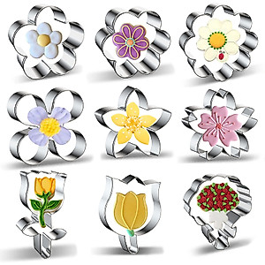 Flower Cookie Cutter Set 9-Piece Rose, Tulip, Lilac, Cherry Blossom, Plum Blossom, Frangipani, Daisy, Sunflower, Bouquet, Scalloped Edge Summer Flowers Cookie Cutters Shapes Biscuit Fondant Molds