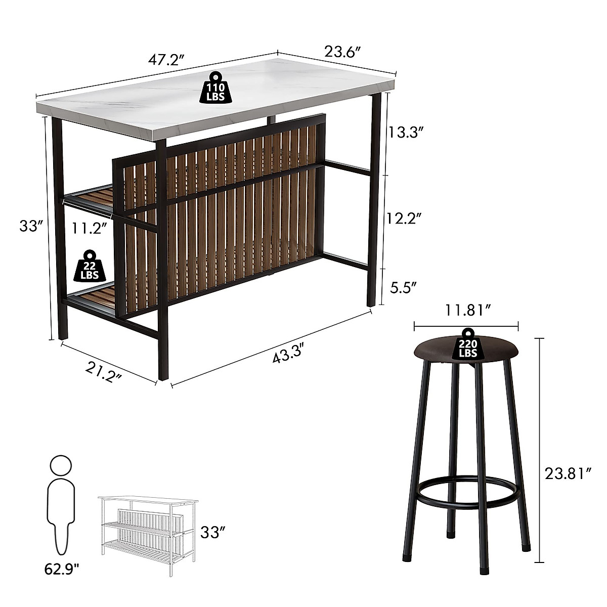 Recaceik 3 Piece Pub Table Set, Rectangular Bar Table with 2 Bar Stools, Faux Marble Dining Room Table Set of 2, Modern Counter Height Table with Storage, Kitchen Island with Seating