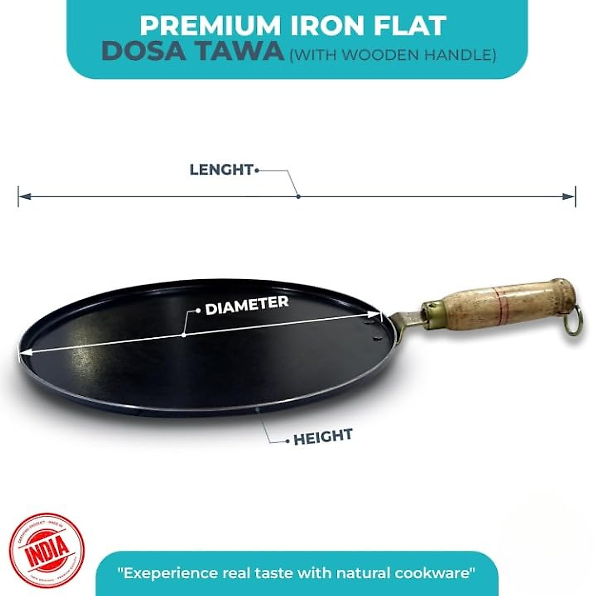KASHVIYA Pre-Seasoned Iron Flat Dosa/Omelette/Roti/Chapati Tawa with Wooden Handle, Medium 10.5 Inch/27 Cm Gas&Induction Compatible | 100% Pure & Toxin-Free Iron, No Chemical Coating