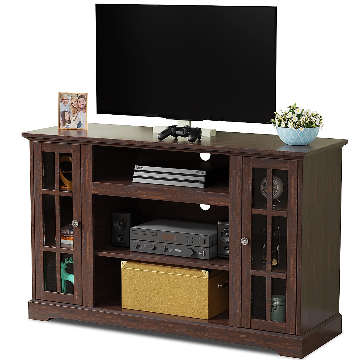 HolliWill 48" Glass Door TV Stand, Farmhouse TV Stand for 55 inch TV, Modern TV Console with Storage Cabinet, Small Entertainment Center and Ideal Media Storage for Living Room,Brown