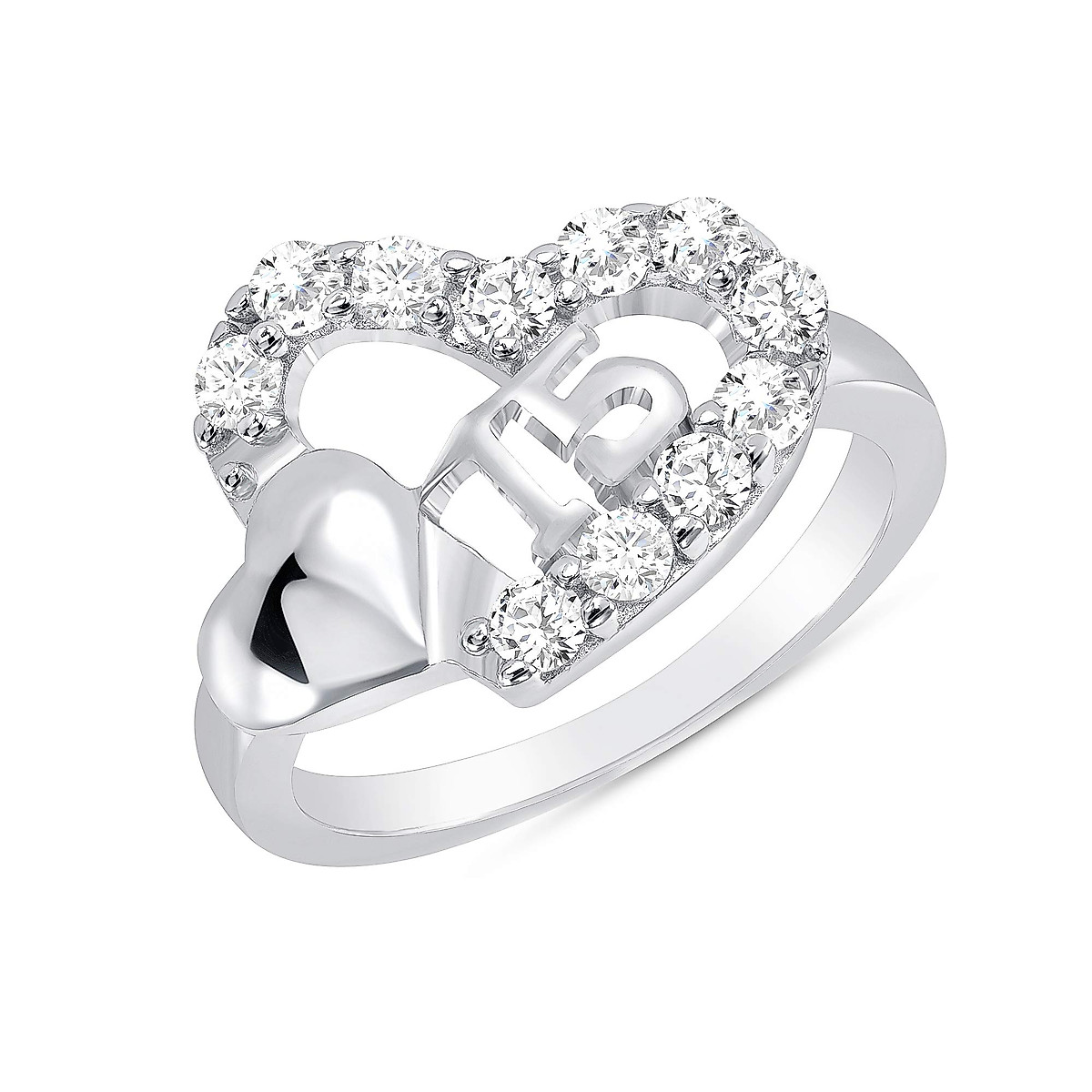 Sweet 15 Quinceanera Cz Double Heart Ring 925 Sterling Silver Rhodium Plated (10)