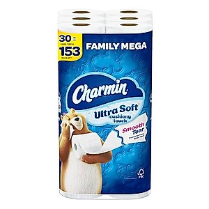 Charmin Ultra Soft Cushiony Touch Toilet Paper, 30 Family Mega Rolls = 153 Regular Rolls