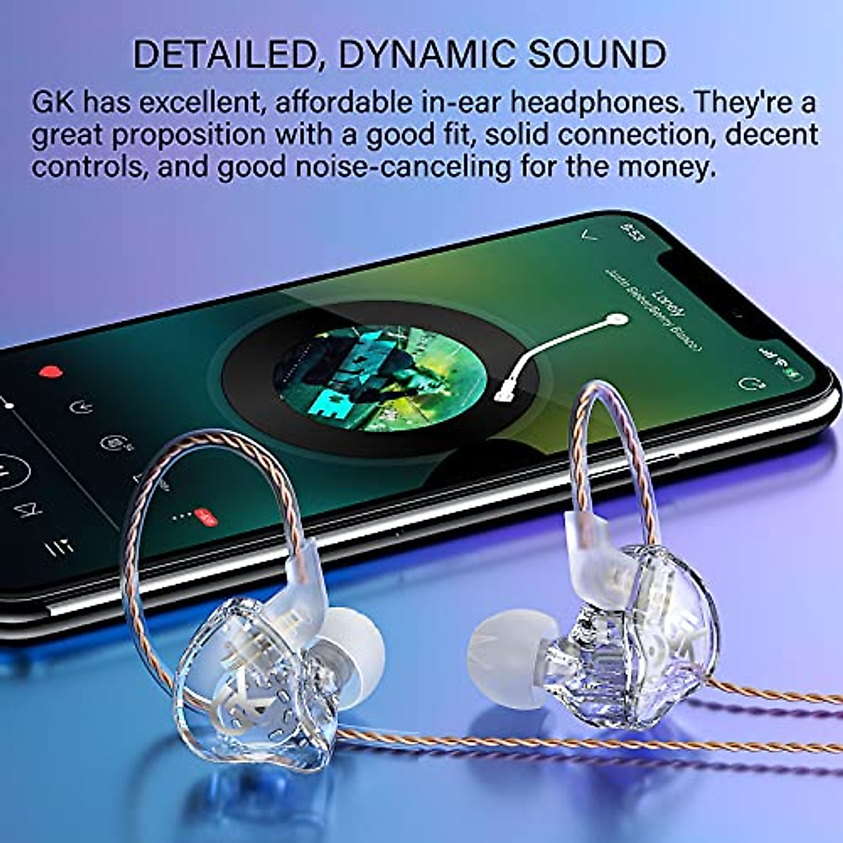 GK GST Wired Earbuds Headphones, in Ear Headphones Noise Cancelling, HiFi Earphones Stereo Bass IEM Type B Pin Earbuds(No Mic)
