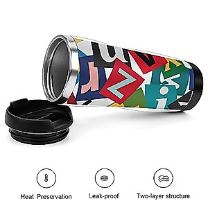 KS-QON BENG Colour Alphabet Travel Mug 12 Oz Travel Coffee Cup Stainless Steel Insulated Tumbler with Flip Lid Double Wall Keep Cool/Warm Water Cup for Women Men