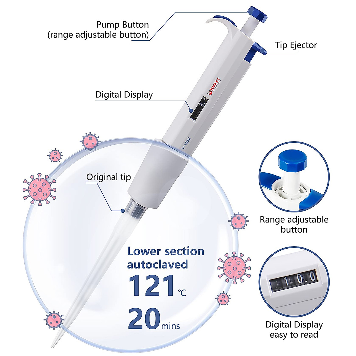 FOUR E'S SCIENTIFIC 1-10ML Single-Channel Pipettor Adjustable Variable Volume Micropipette High Accurate Pipettor for Laboratory