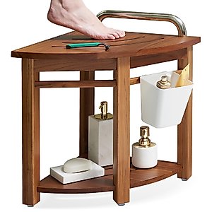 Lovitgo 19'' Teak Shower Bench with Handle, Corner Shower Stool for Shaving Legs, Shower Bench Stool for Inside Shower, Waterproof Teak Wood Shower Seat for Bathroom, Indoor or Outdoor Use