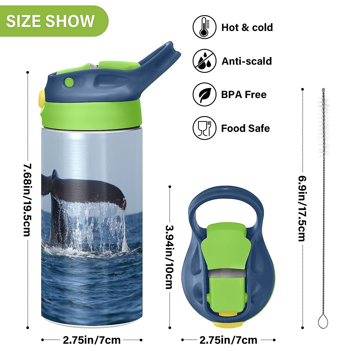 Kigai 12 oz Humpback Whales Kids Water Bottle,Insulated Stainless Steel Water Bottle with Straw Lid Double Walled Leakproof Flask for School Toddlers Girls Boys