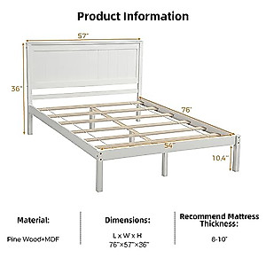 Merax Full Size Wood Platform Bed with Headboard, Wood Slat Support, No Box Spring Needed,Full Size Platform Bed,White