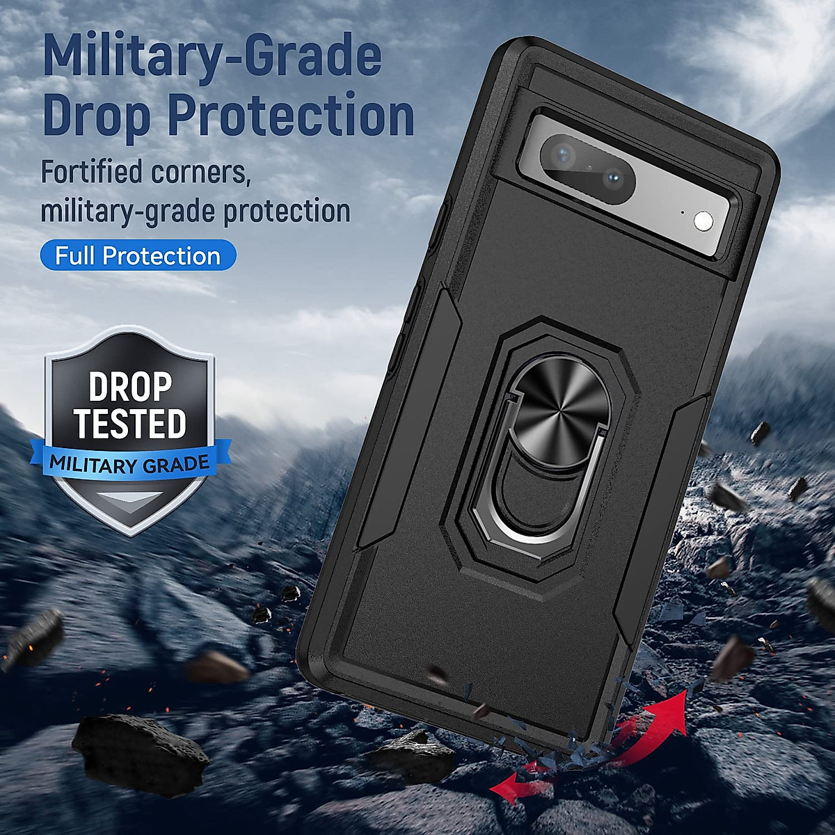 Niecase for Google Pixel 7A 5G Case with 2 Screen Protector, Military Grade Dual Layer Heavy Duty Shockproof Full Body Protective Phone Cover, Built in Rotatable Magnetic Ring Holder for 7A (Black)