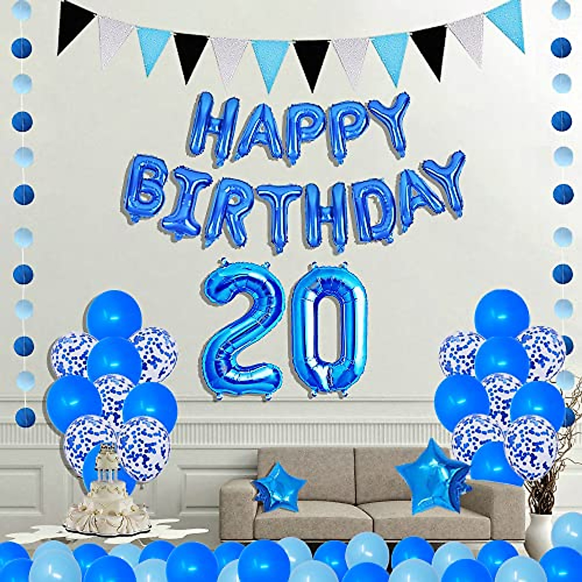 Succris 20TH Blue Theme for 20 Years Old Birthday Party Supplies Blue Happy Birthday Banner Blue Circle Dots Garland Paper Hanging Triangle Flag Banner Confetti balloons Number 20 Blue