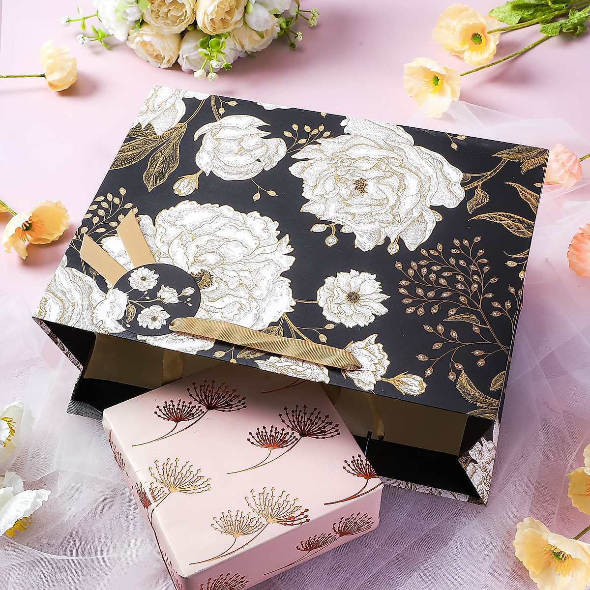 Loveinside Black and Gold Gift Bag Foil Floral with Tissue Paper for Mother's day, Birthday, Valentine's Day, Wedding, Anniversaries, Engagements - 13" x 10" x 5", 1 Pcs