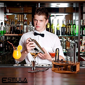 Esmula Bartender Kit with Stylish Bamboo Stand, 12 Piece 25oz Cocktail Shaker Set for Mixed Drink, Professional Stainless Steel Bar Tool Set, Gift for Man Dad- Cocktail Recipes Booklet