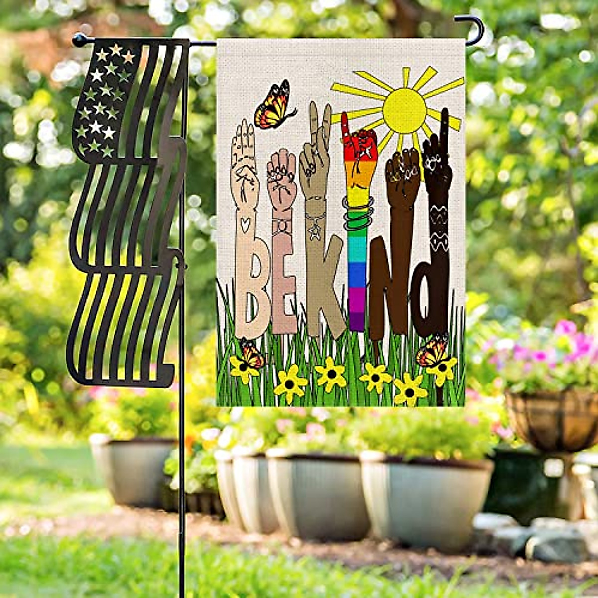 Swooflia Be Kind Garden Flag Spring Summer Flower Small Yard Flag for Outside Decor Burlap LGBT Garden Banner 12x18 Inch Double Sided HYQ-225