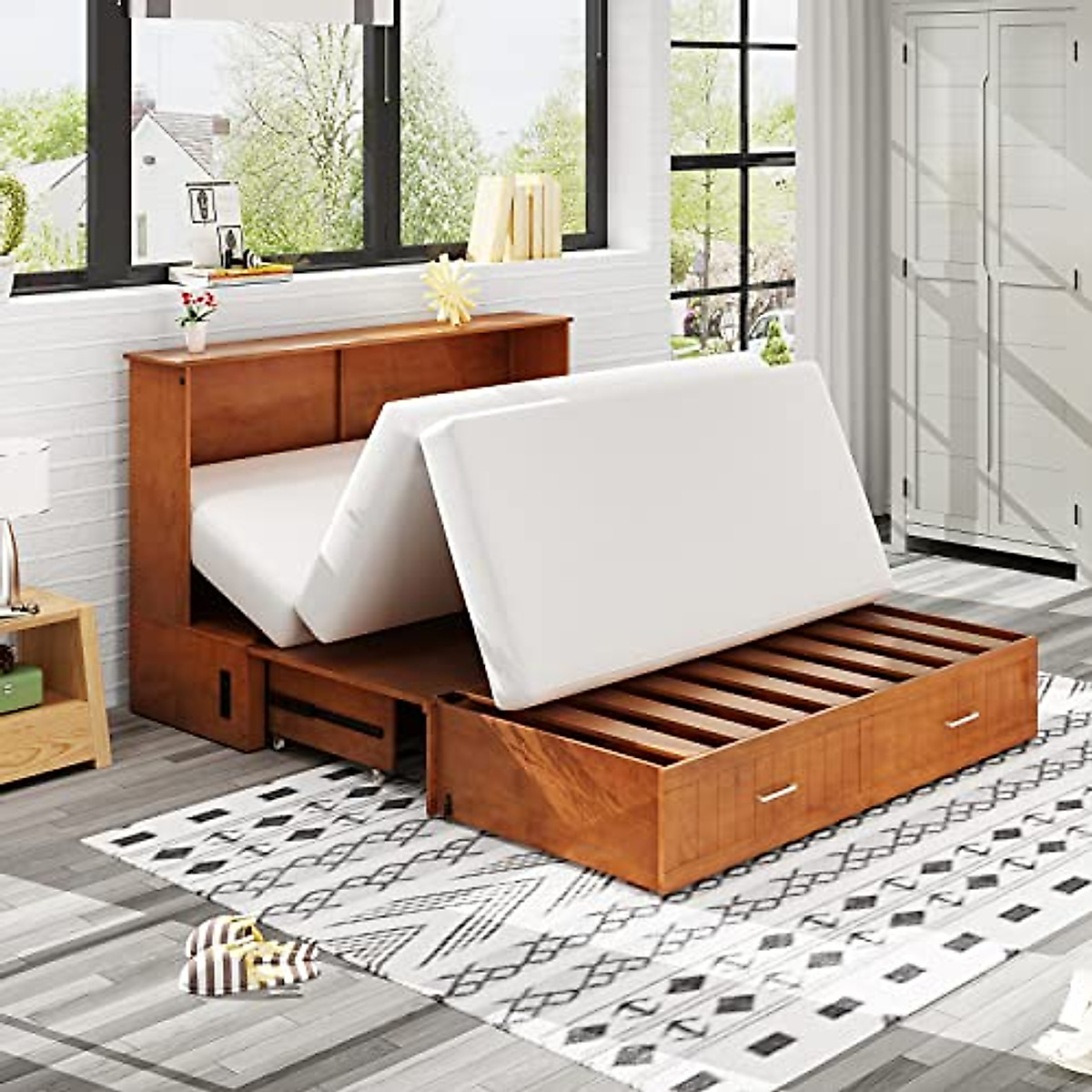 MUZZ Queen Size Murphy Cabinet Bed with Memory Foam Mattress, Charging Station and Large Drawer (Queen, Cherry with Handles)